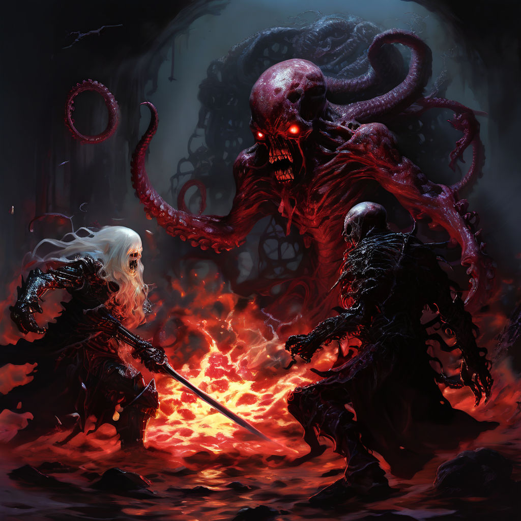 Black skeleton fighting white demoniac octopus who are bleed... by ...