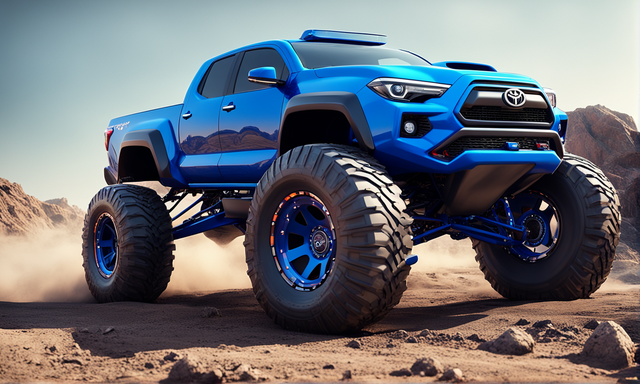 Blue monster truck designed as a 2025 Toyota Corolla pickup by ...