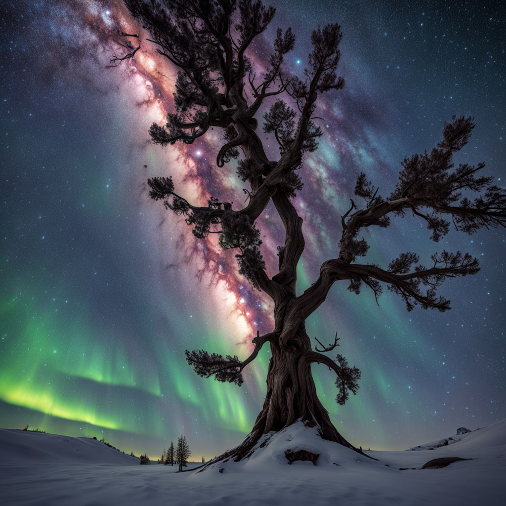 Milky way and Andromeda in North pole tree and aurora by Quote of The ...