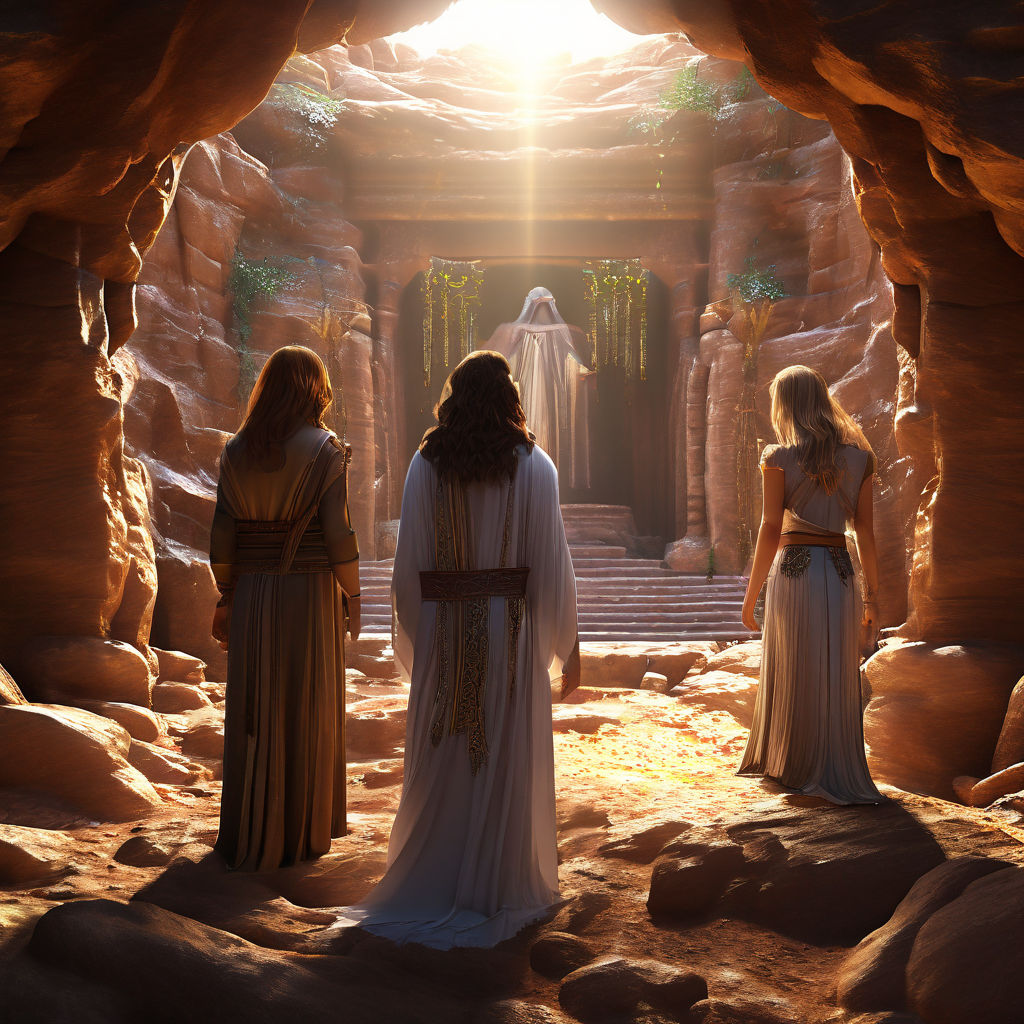 Open tomb of jesus with three women looking into the tomb an... by ...