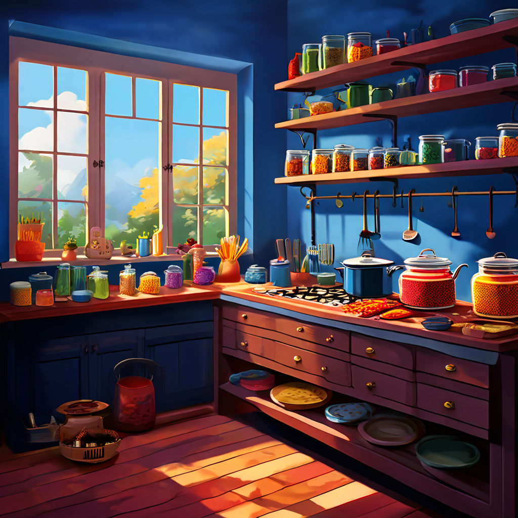 Pixar-style illustration featuring a vibrant kitchen landsca... by ...