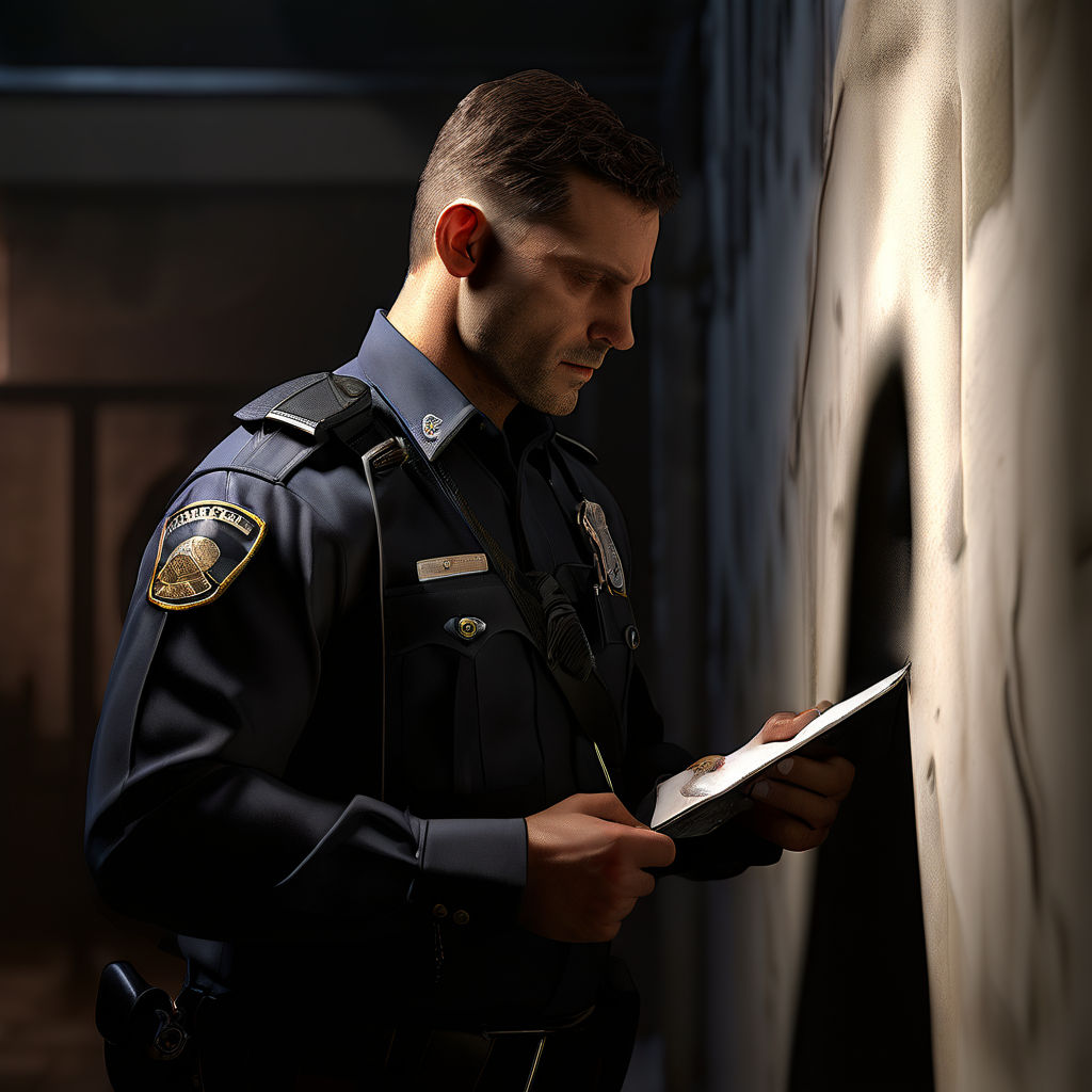 Photorealistic concept art of a male police officer examinin... by ...