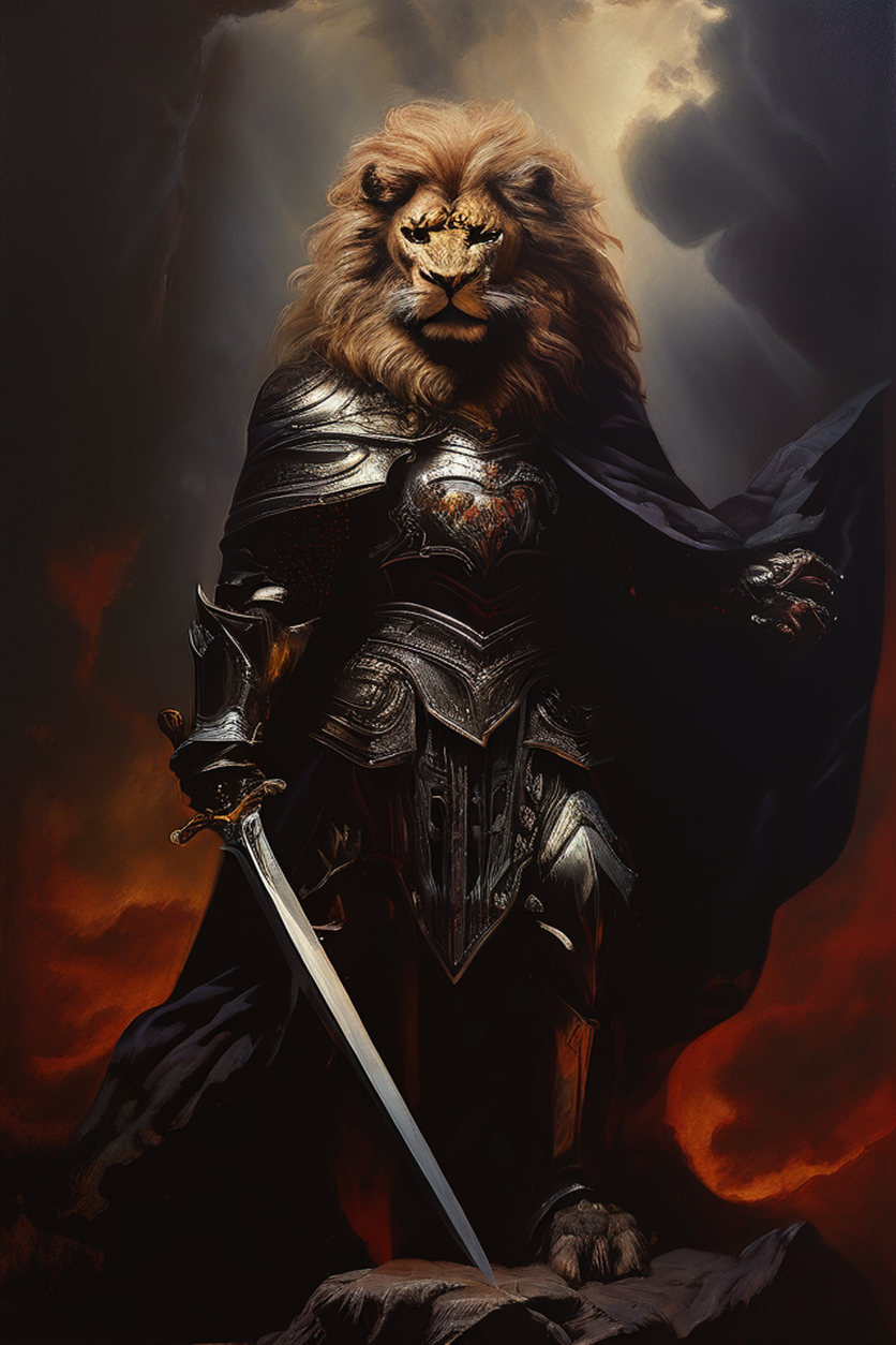 1980s dark fantasy oil painting featuring a lion in knight a... by ...