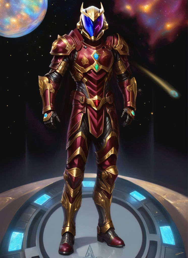 A slender man wearing space power armor of gold burgundy and... by Josh ...