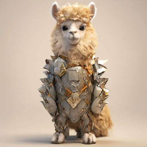 A cartoonish alpaca body stands atop a pile of armor fragmen... by xin ...