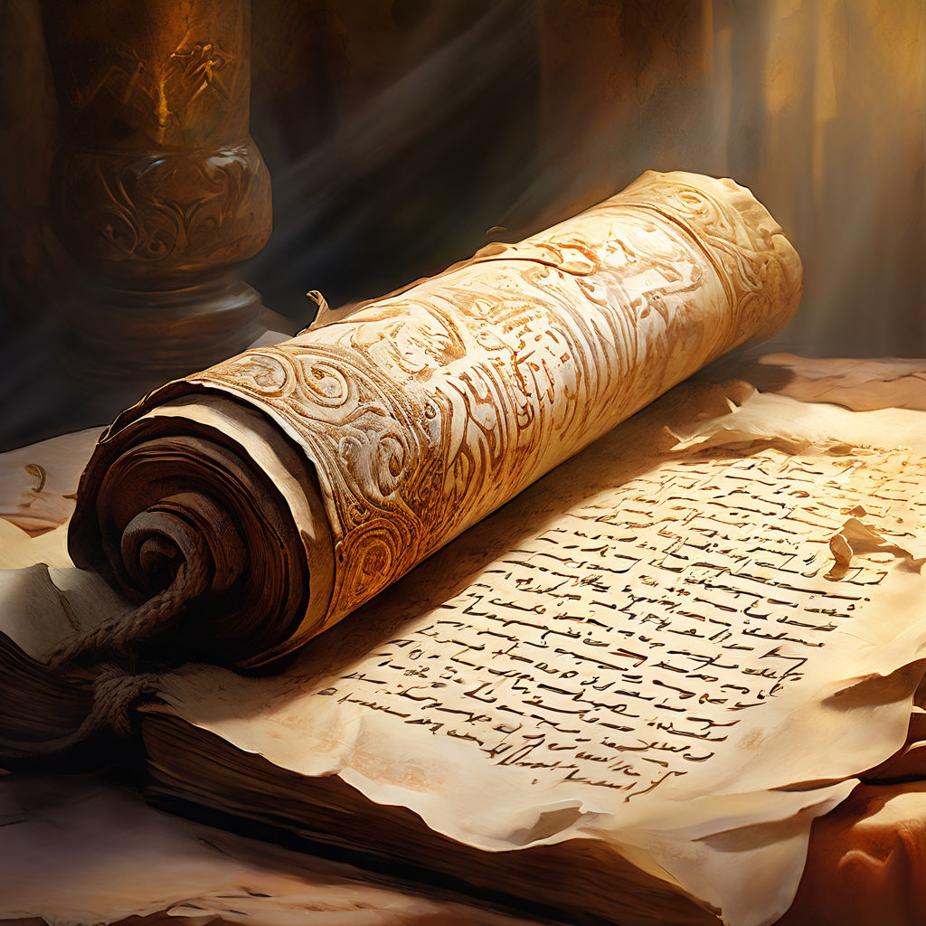 Ancient scroll unfurled across a dusty stone tablet by Hegain Lepcha ...