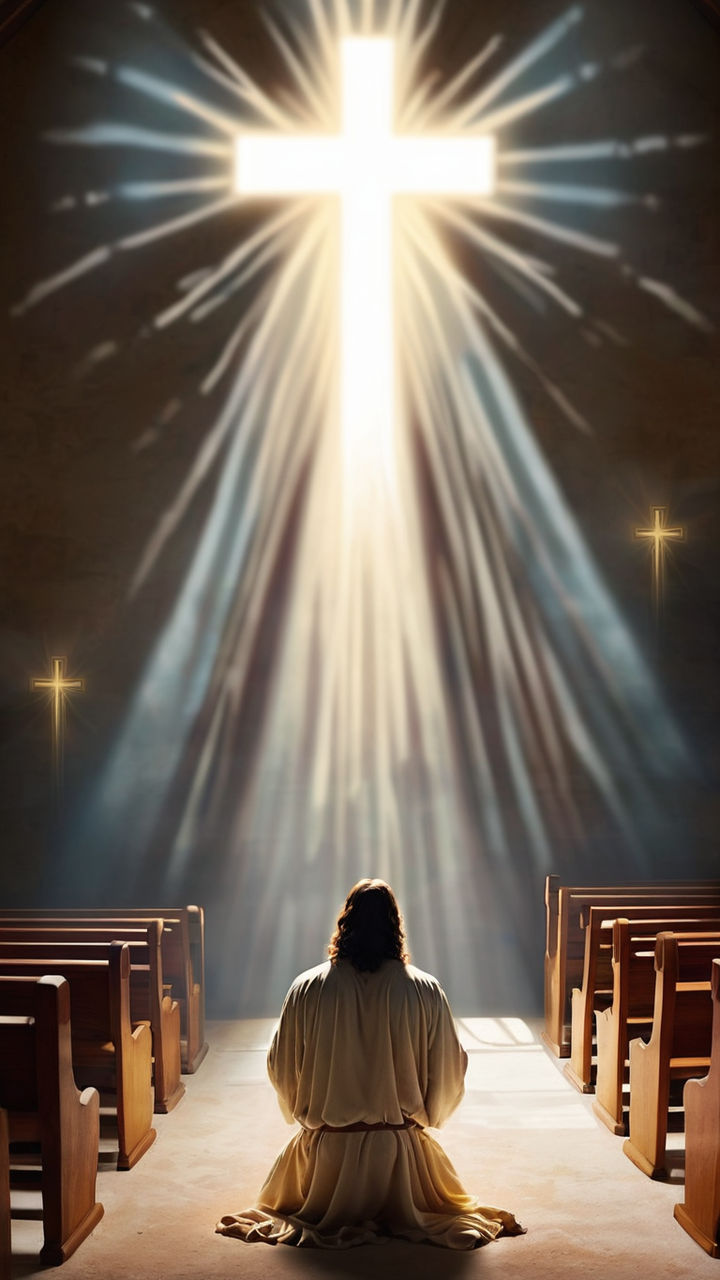 Jesus praying，with divine light，cross，Jesus is in the middle... by ...