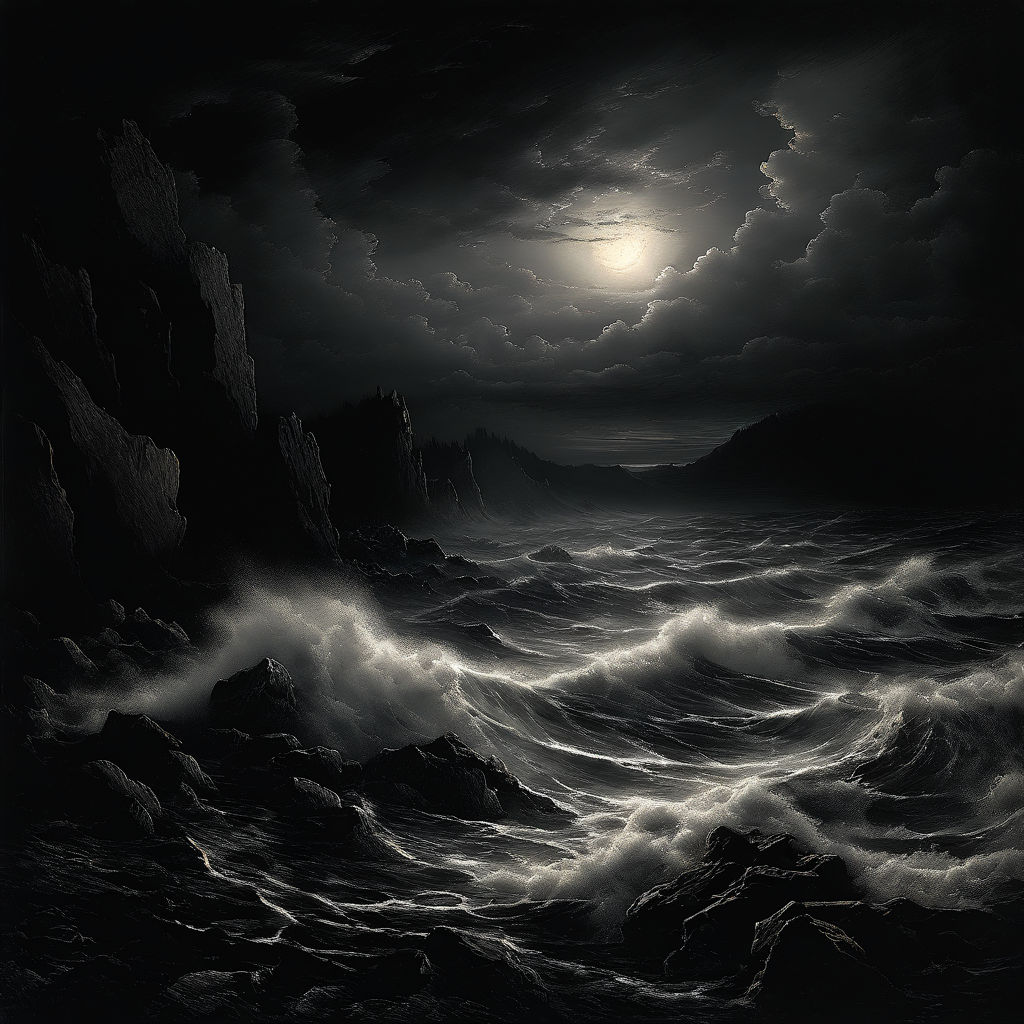 Extreme long shot of a stormy sea at night with massive wave... by ...