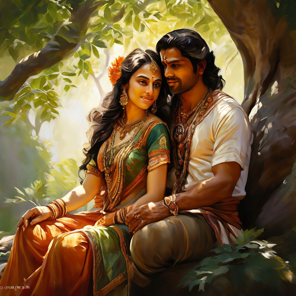 Ram and Sita sitting together under an ancient banyan tree by ...