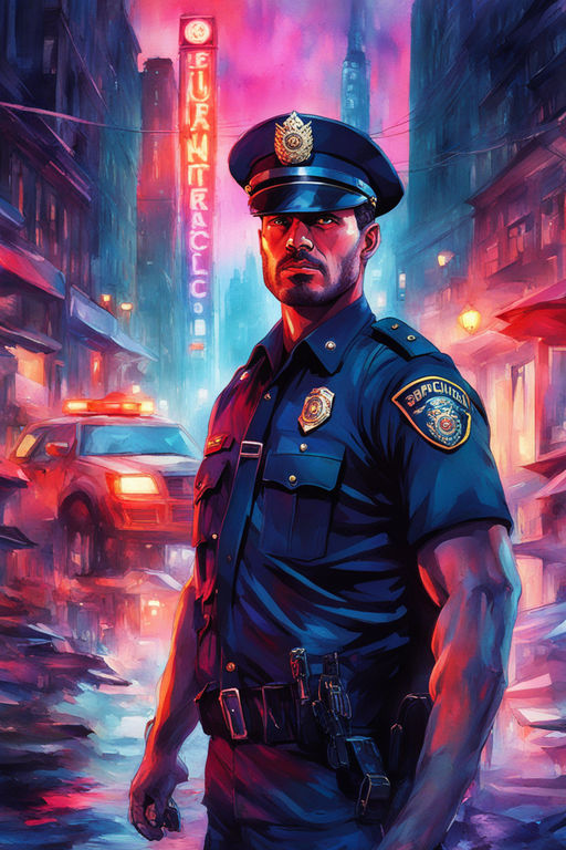 Policeman with big muscle in the street while glitchy swirls... by Luka ...