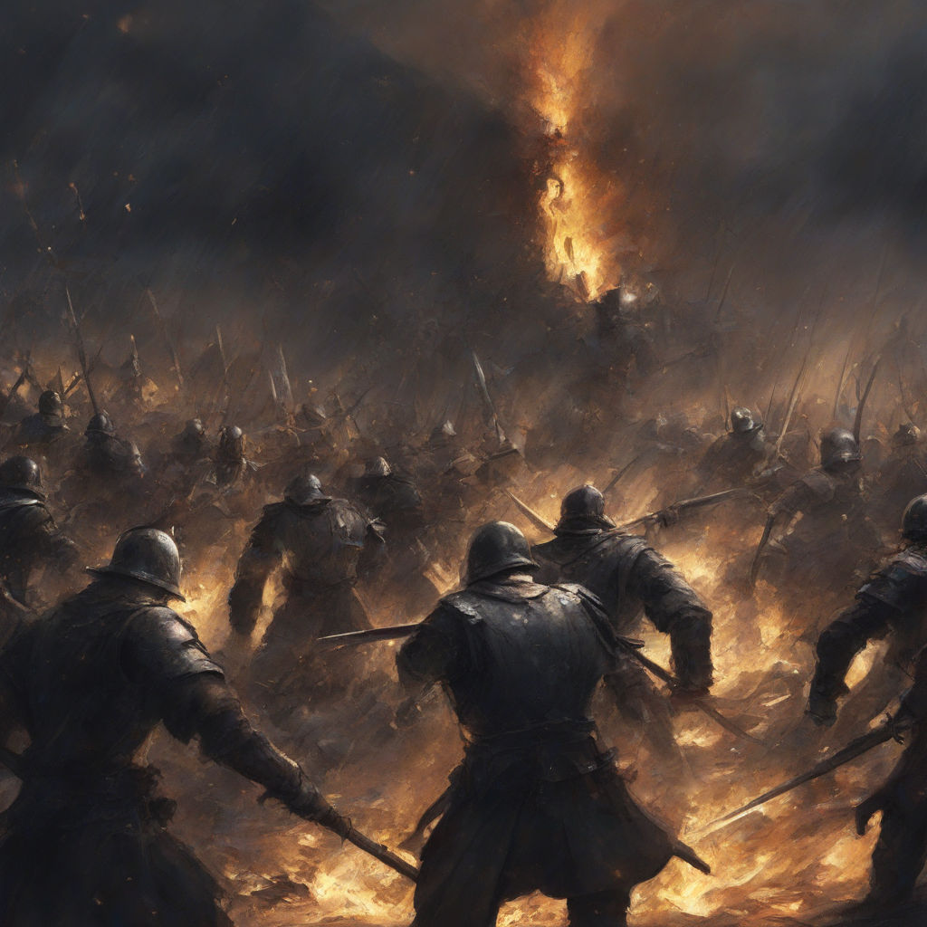 An intense scene from the medieval era where a small corps o... by ...