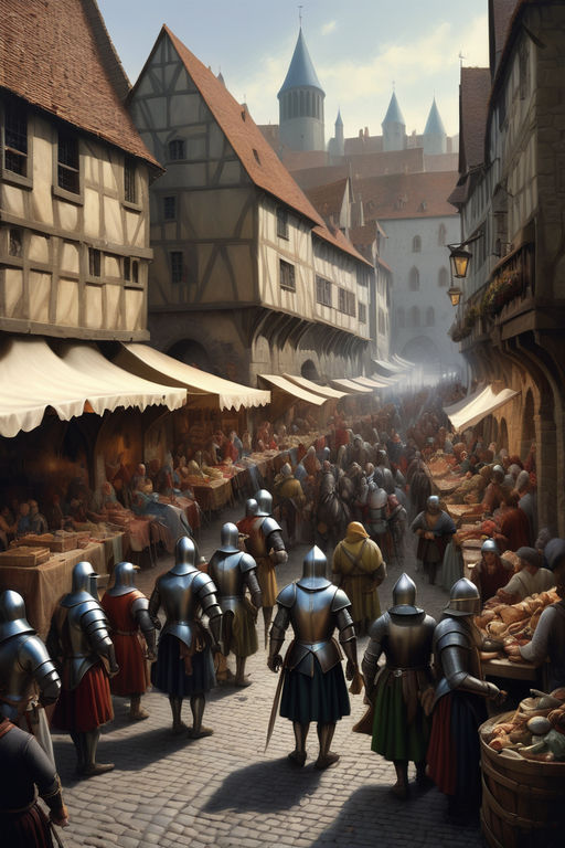 Medieval Market Bustle: A bustling village marketplace durin... by ...