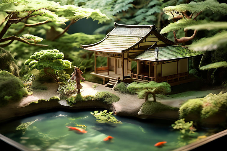 Top-down view of a miniature diorama depicting a serene fore... by ...