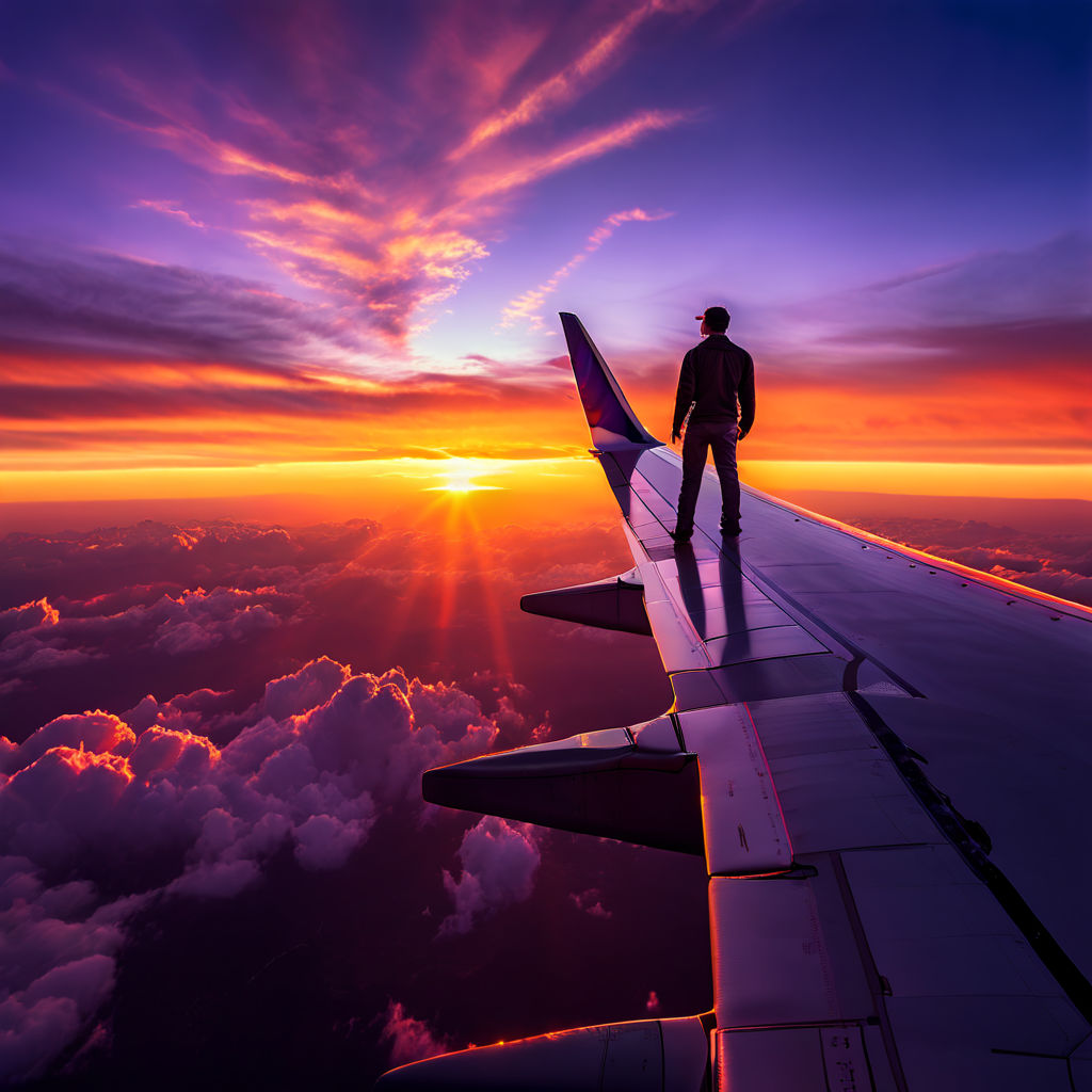 Man standing on the wing of a mid-flight aircraft by Sara Perez ...