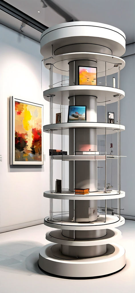 "Create an illustration of a cylindrical rotating gallery di... by ...