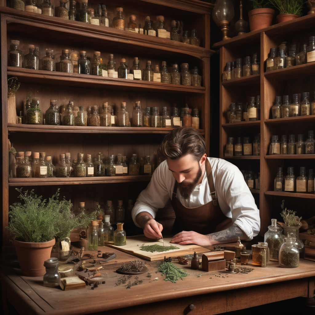 30-year-old alchemist crafting fragrances at an antique wood... by ...