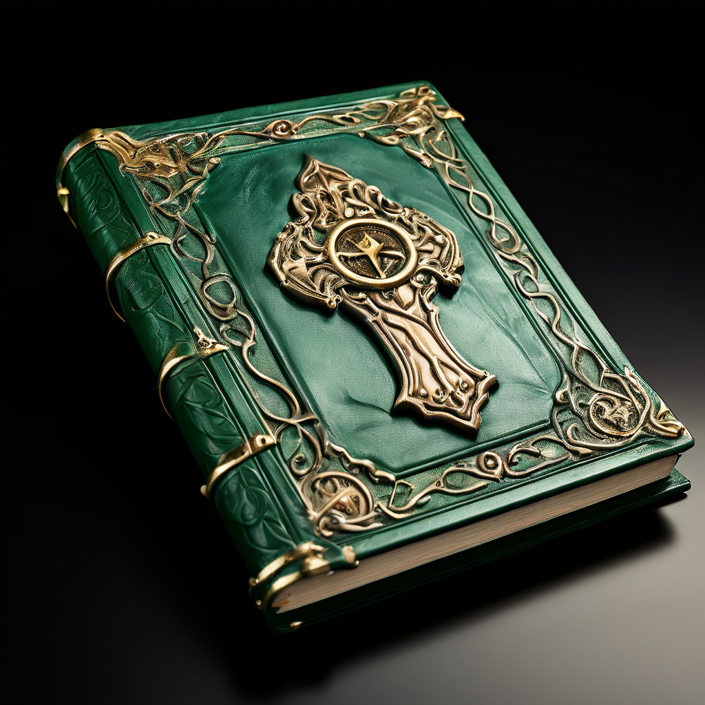 Create a very thick green leather book with gold metal filig... by Zac ...