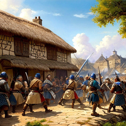 Medieval battle raging through a small village by Leonardo Mallin ...