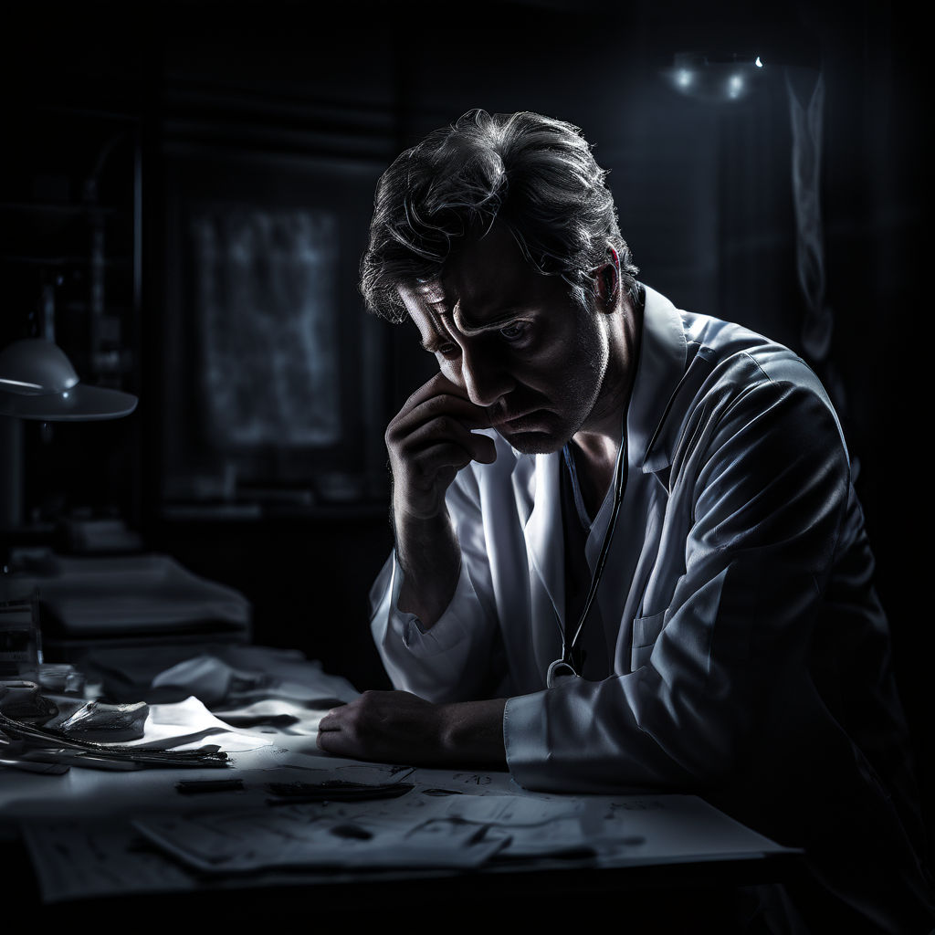 A despondent doctor hunched over an examination table by Léo Itra ...