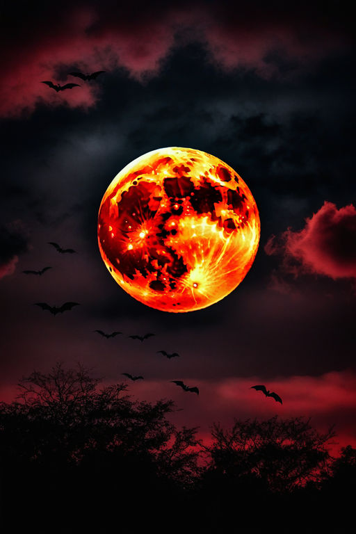 Realistic photo of a big red full moon with bats around it. ... by ...