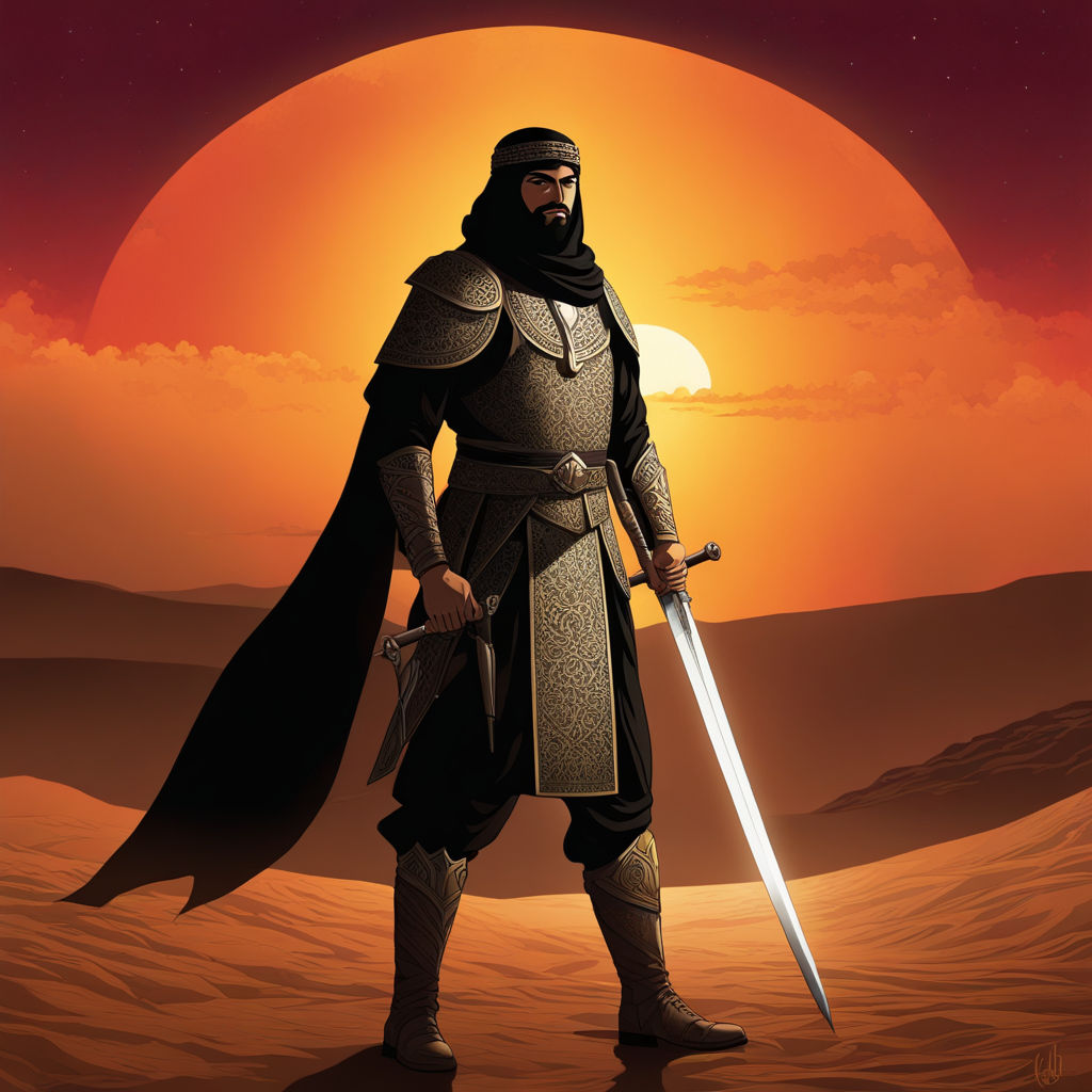 The image shows an Arab-Islamic warrior standing in a circle by ...