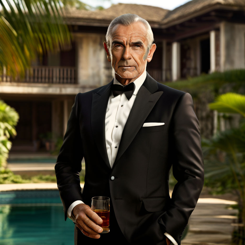 Sean connery as james bond aged standing in front of a jamai... by ...