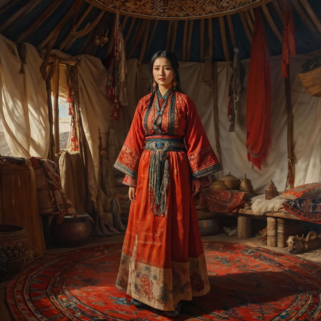 Full-length Asian girl in traditional Turkic attire stands w... by Не ...