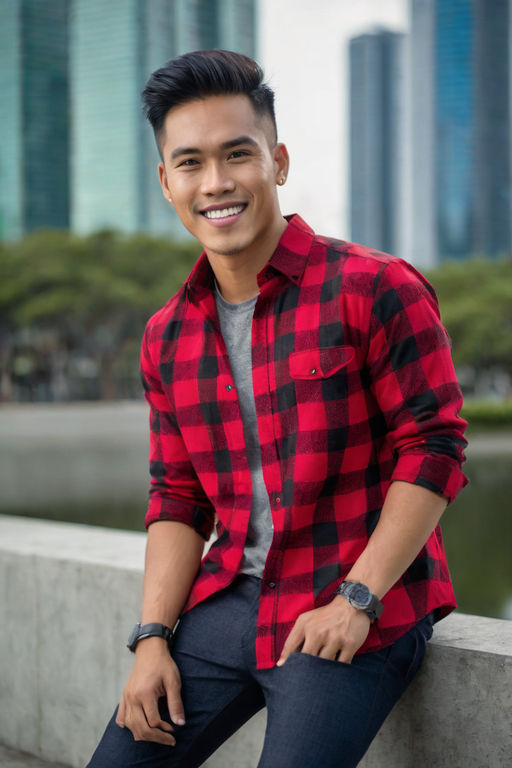 Filipino male model smiling wearing red flannel shirt by Rich Lee ...