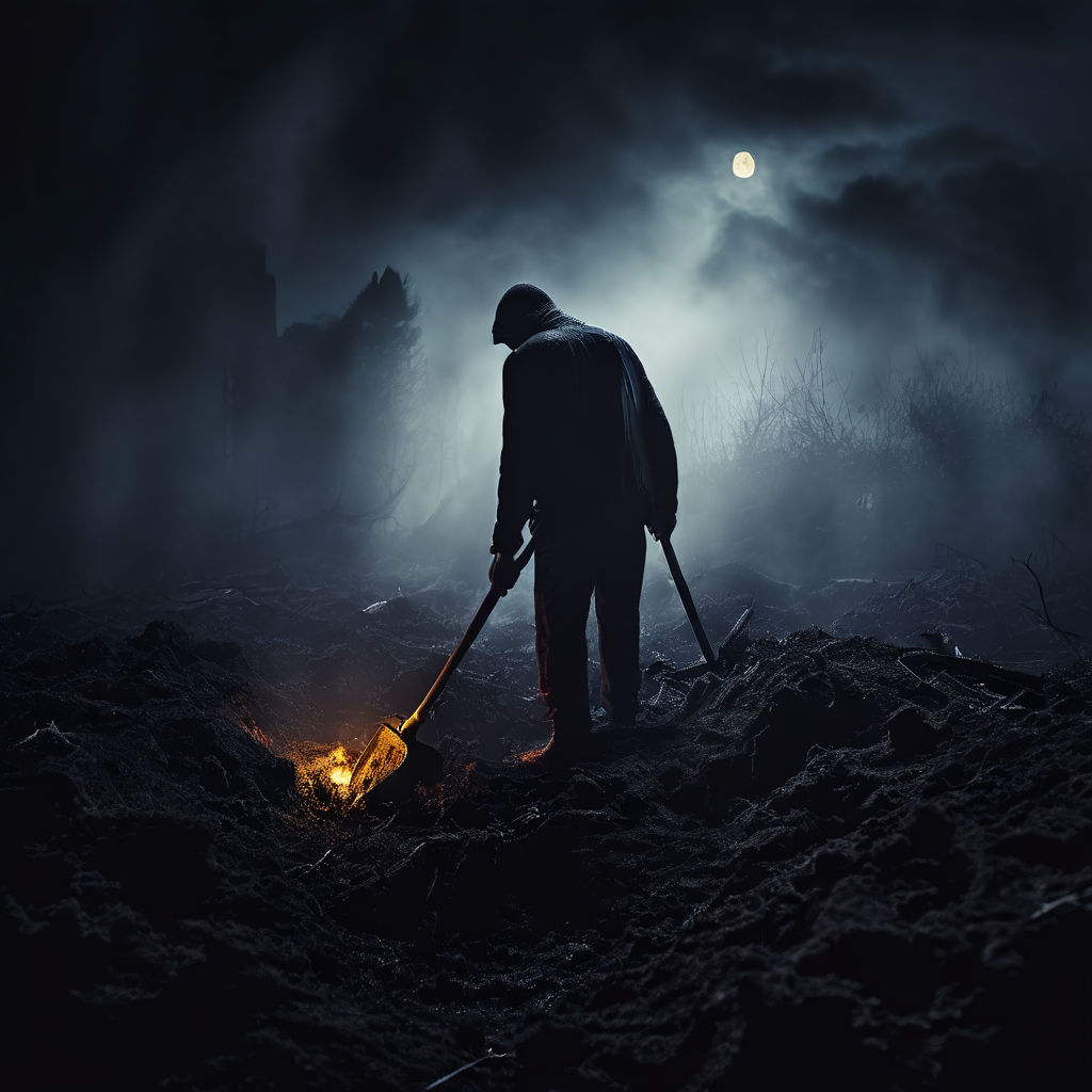 Dark night. A man is digging a grave with a shovel. The gloo... by Tube ...