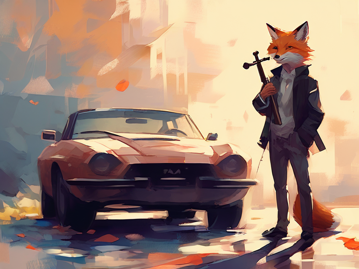 A fox standing next to his sports car while holding a violin... by ...