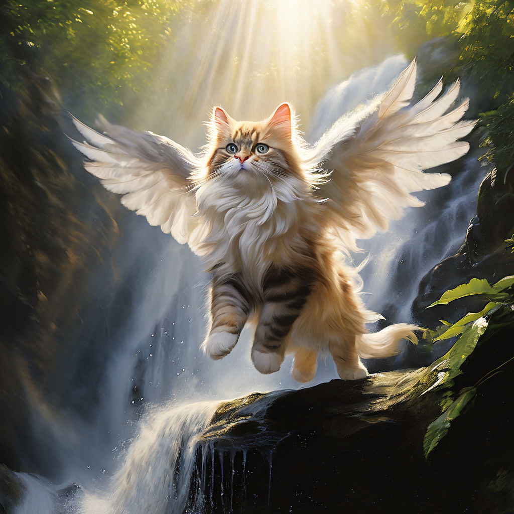 Cat with expanded wings gliding gracefully above a cascading... by Can ...