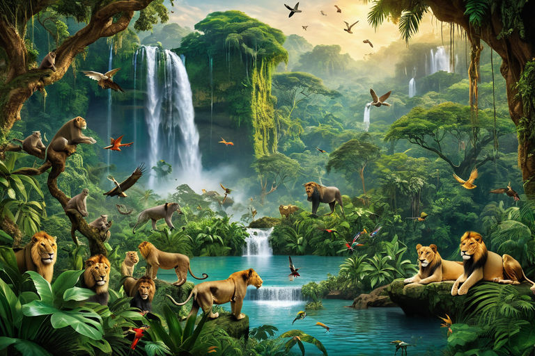 Jungle teeming with animals of various species including a f... by ...