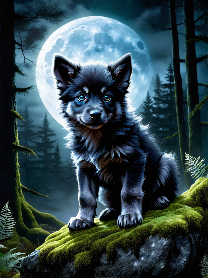 A menacing werewolf puppy with luminescent eyes crouched on ... by Jey ...
