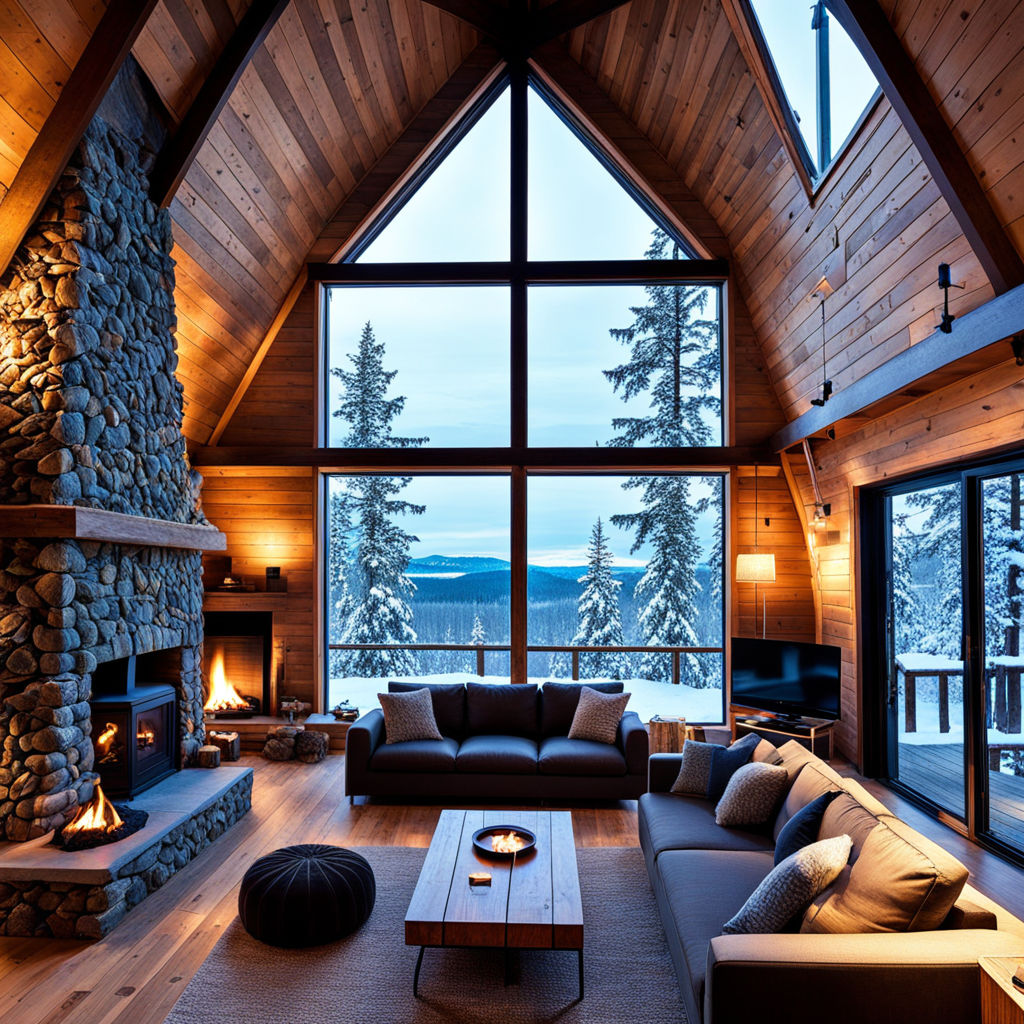 Interior of a cozy remote winter cabin with a double height ... by Dude ...