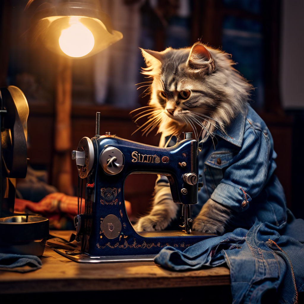 A cat sews jeans on a Singer sewing machine at a table by Nata Stolba ...