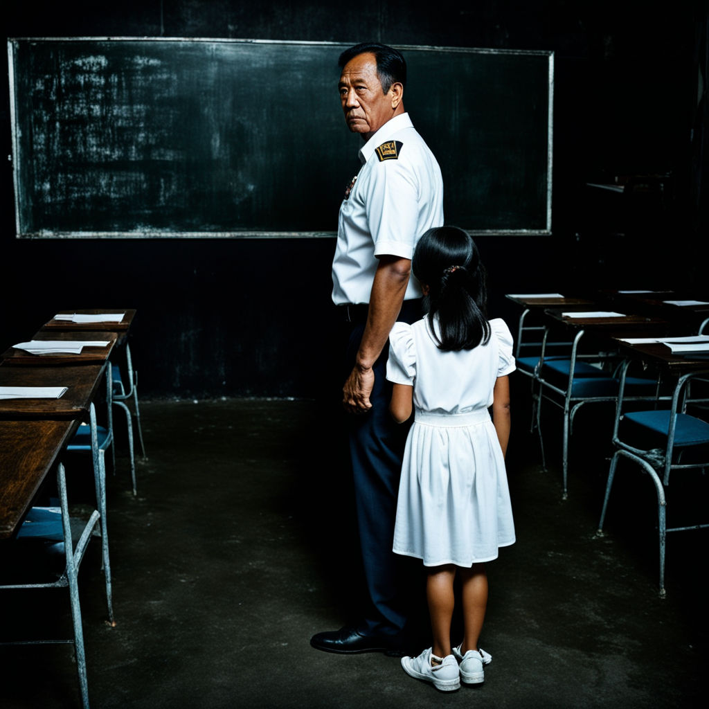 An old philippine security guard and a little girl wearing w... by ...