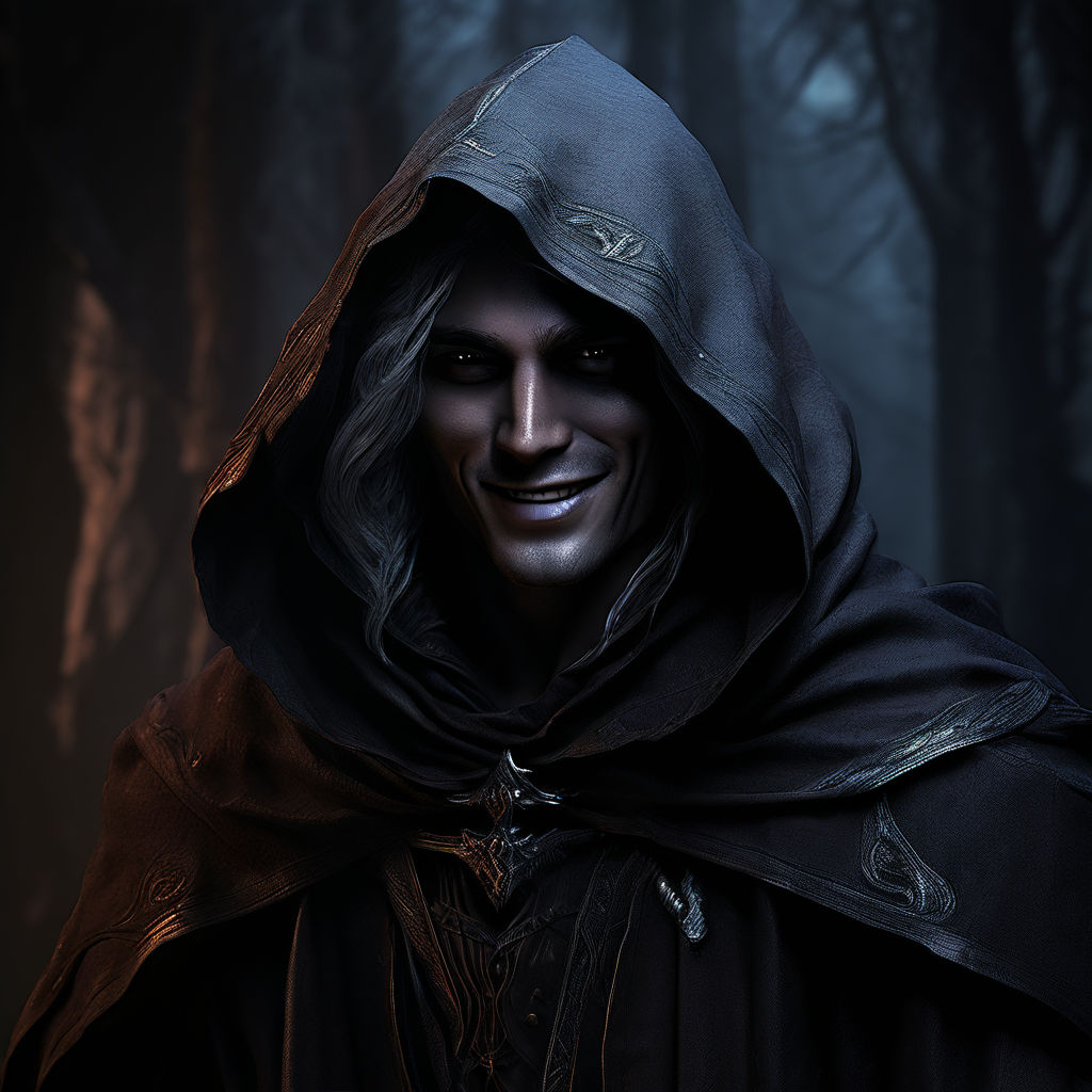 Male Drow wearing black cloak with hood smiling by Cthfurbhu - Playground