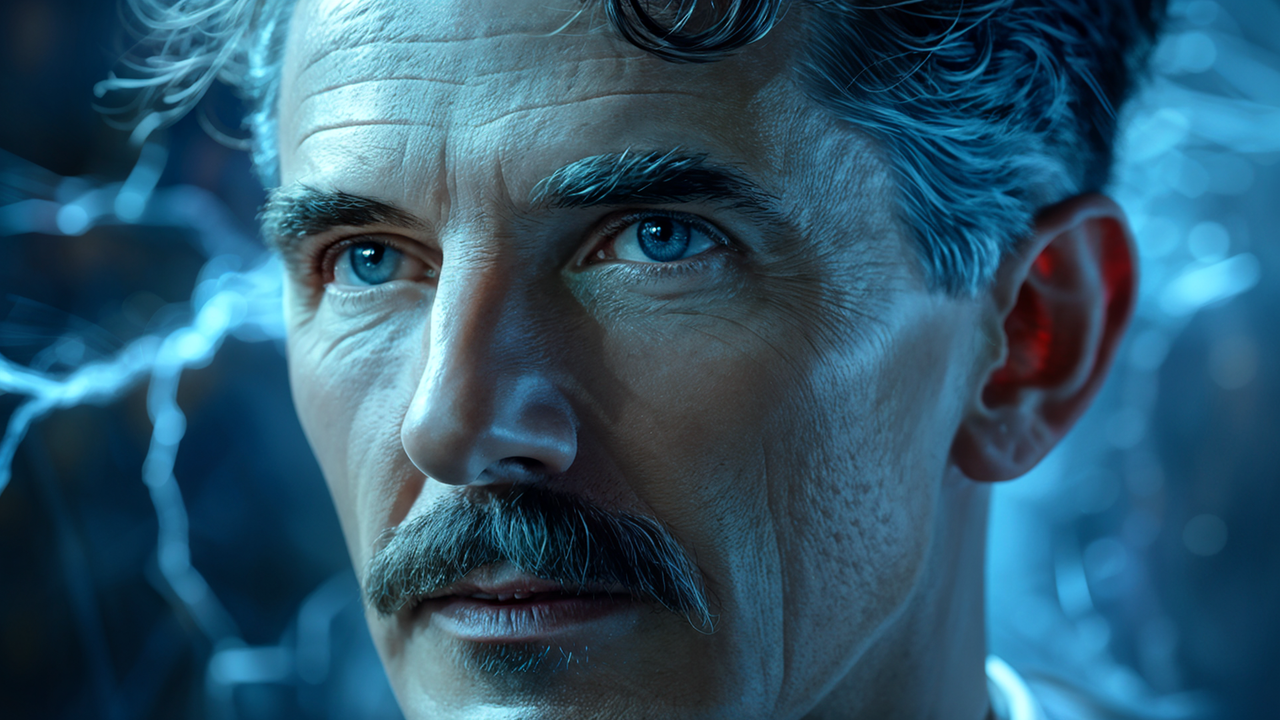 Ultra realistic closeup photo of Nikola Tesla looking at the... by ...