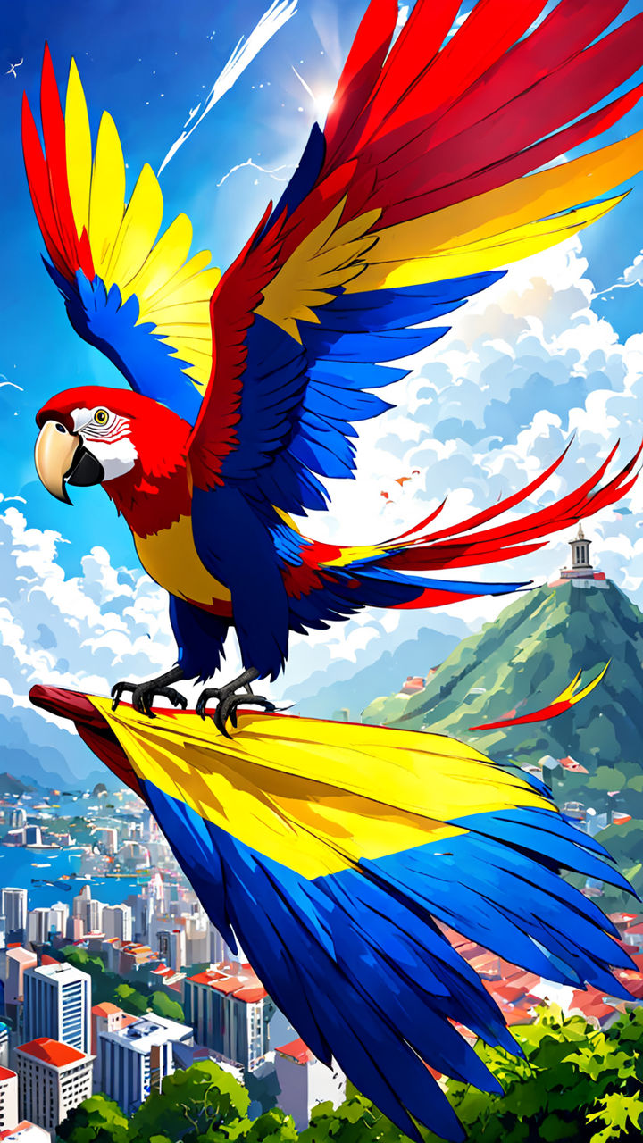 A beautiful magic macaw flying through Caracas with the Vene... by ...