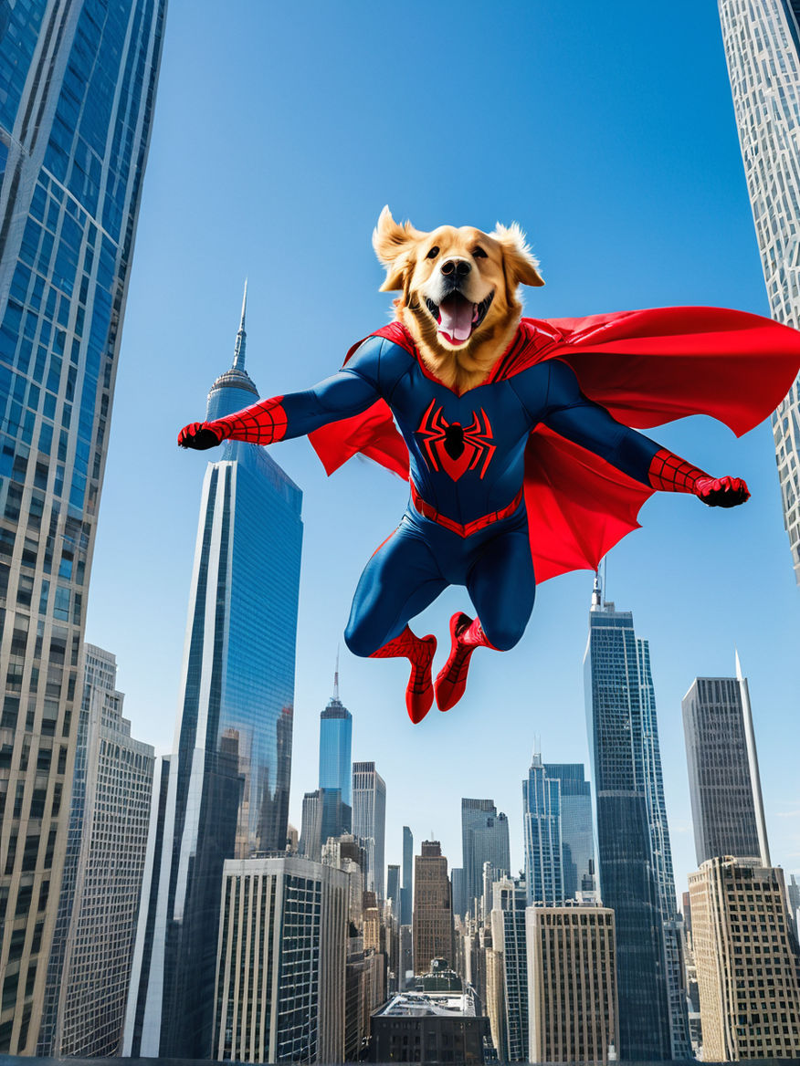 "A muscular golden retriever dressed in a Spider-Man suit by Na Rīth ...