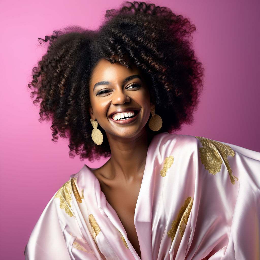 Black Woman Natural Hair Smiling Feeling Confident Silk Pink By