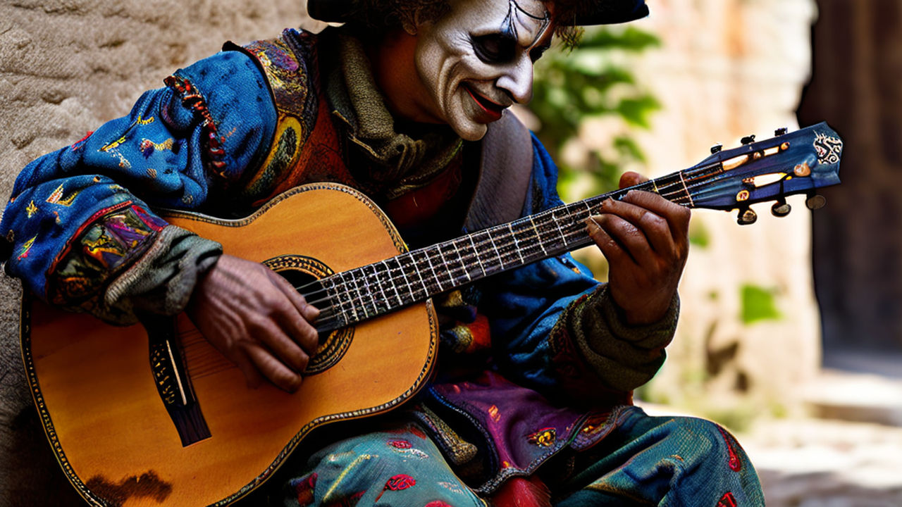 A greasepainted minstrel wearing a jester´s motley playing a... by ...
