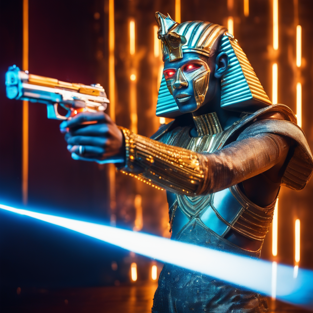 RAW photo of futuristic PHARAOH fires shoot gun by Chestnut - Playground