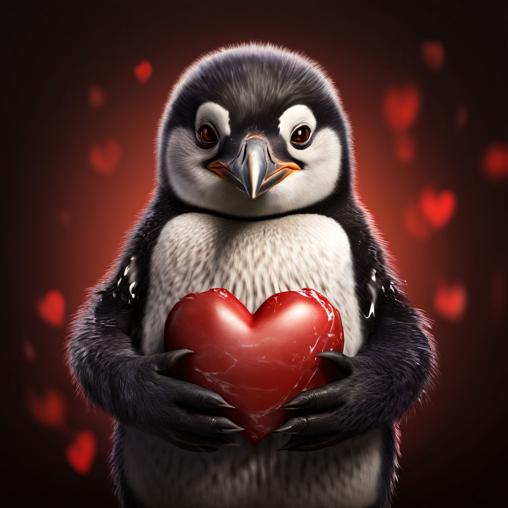 Create a realistic picture of a penguin holding a heart in h... by ...