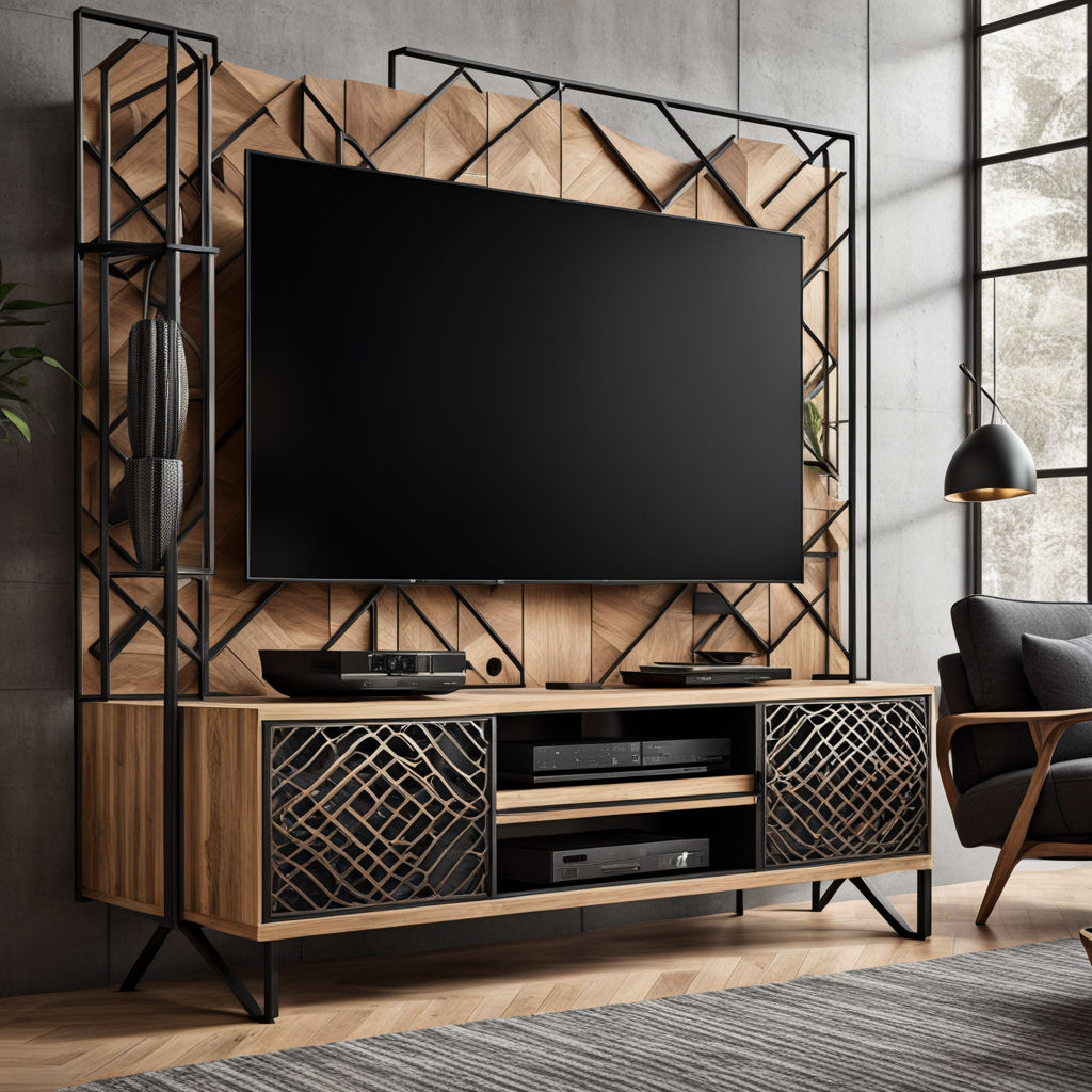 A futuristic 3D render of a TV rack combining industrial iro... by ...