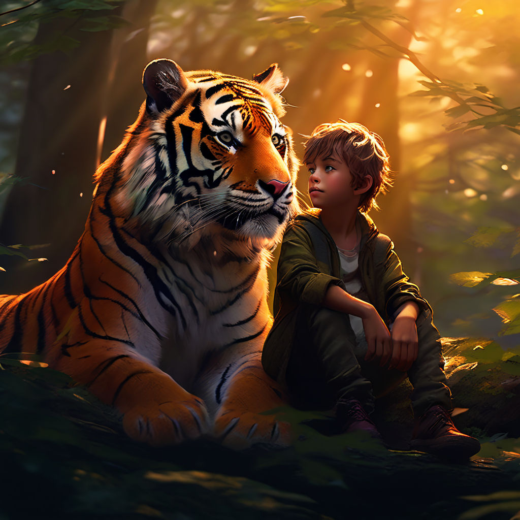 A boy and a tiger together sitting in the forest by Md Shafi - Playground