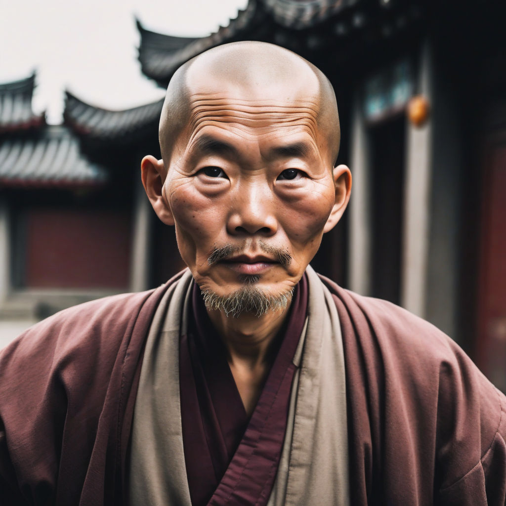 An old chinese monk standing looks straight at the camera hi... by ...