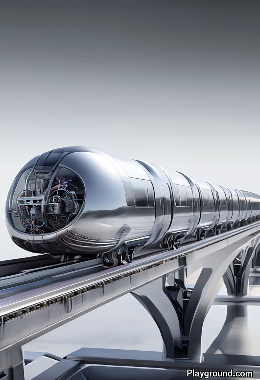 Futuristic Reflective Silver Hyperloop Train on Elevated Track - Playground