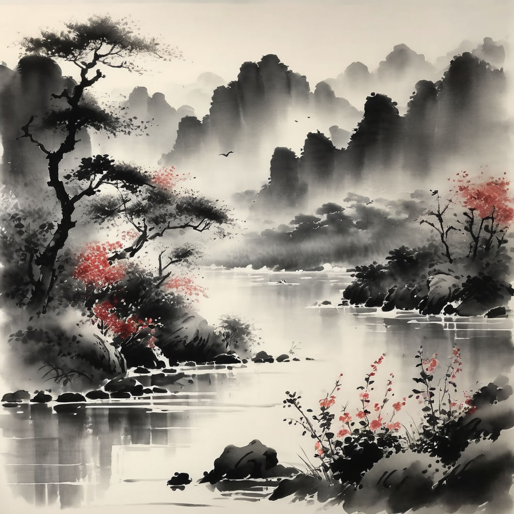 Traditional Chinese ink wash painting: A radiant day along t... by ...
