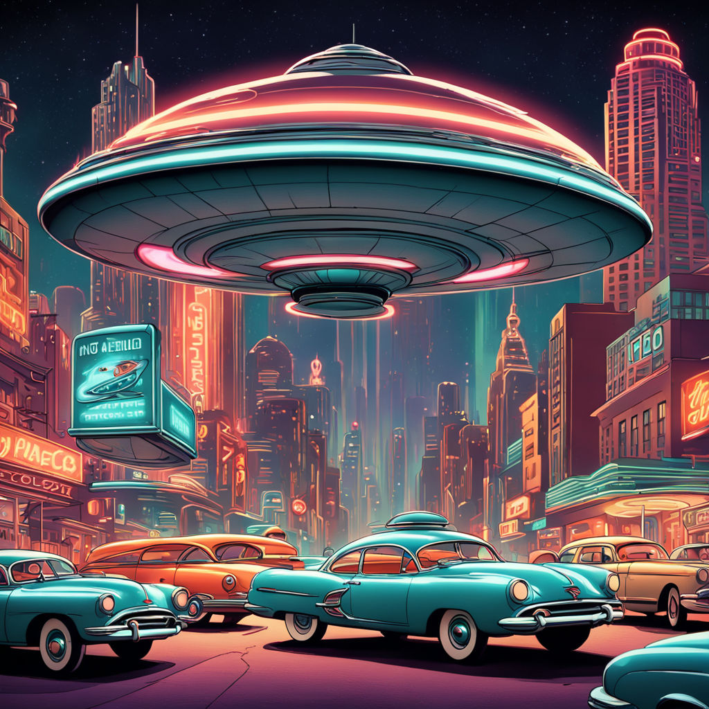 "Create an image of a retro-futuristic comic strip vignette.... by ...